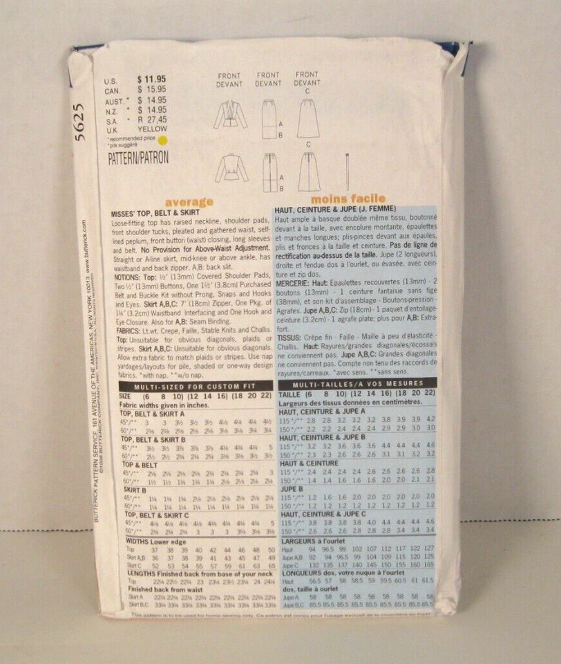 Butterick Classics 5625 Top, Belt & Skirt (2 Styles) Pattern Misses' 18 ...