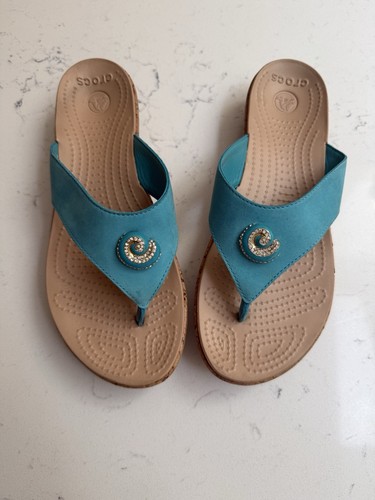 Crocs Womens A-Leigh Wedge Sandals Size 9 Turquoise Cork Jeweled ...