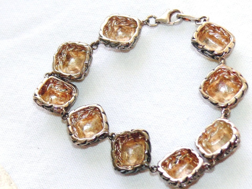 Vtg GORGEOUS Sterling Silver 925 Gold Wash Panel Chain Bracelet 7.5" 26 ...