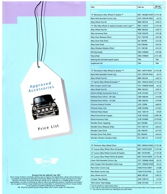 Rover Mini Accessories Price List 1997 UK Market Single Sheet Brochure ...