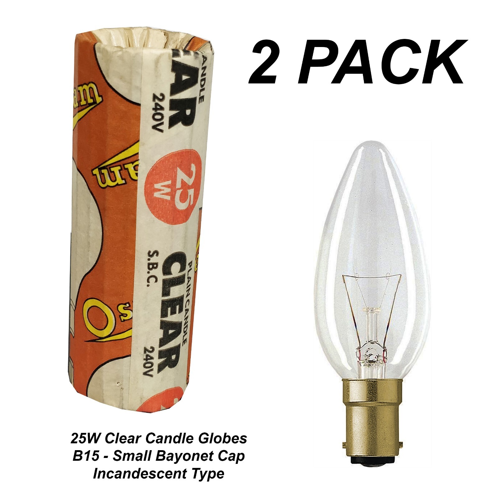 2 x 25W Clear Candle Shaped Light Globe Bulb Lamp Small Bayonet Cap B15 ...