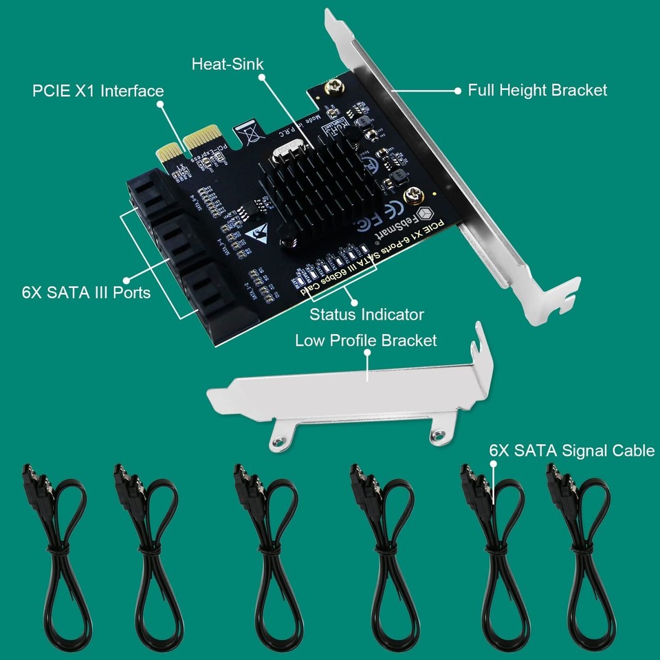 NEW PCIE 3.0 X1 SATA III 6Gbps 6 Port Expansion Card ASMedia ASM1166 ...