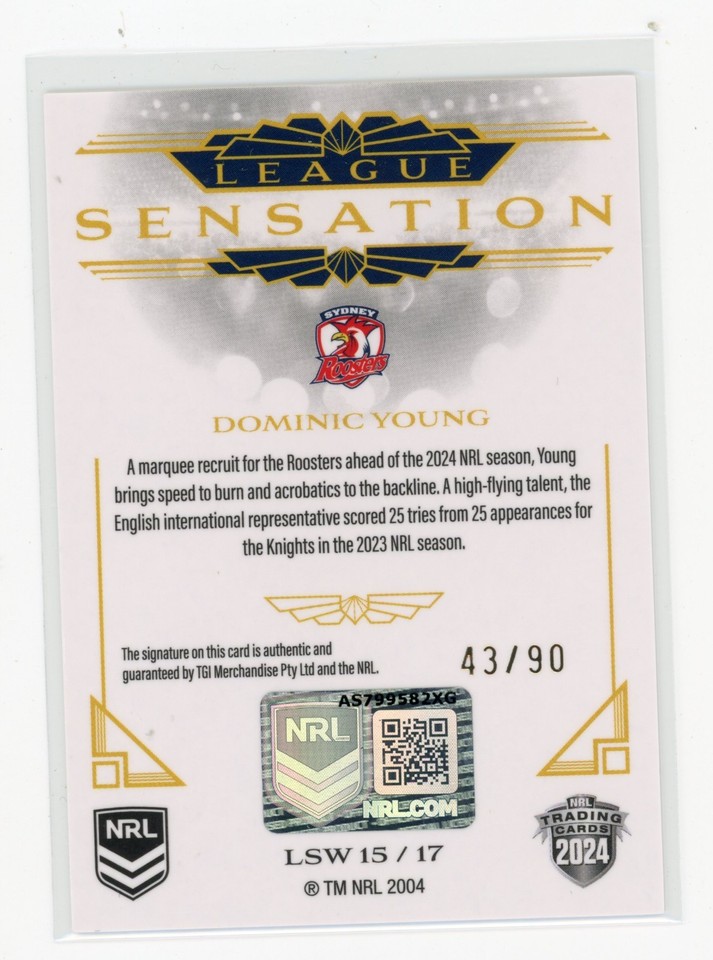 2024 Elite Dominic Young League Sensation Signature NRL Card LSW15 ...