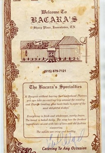Bacara's Menu Sharp Place Jamestown Tennessee 1990's Cumberland Plateau ...