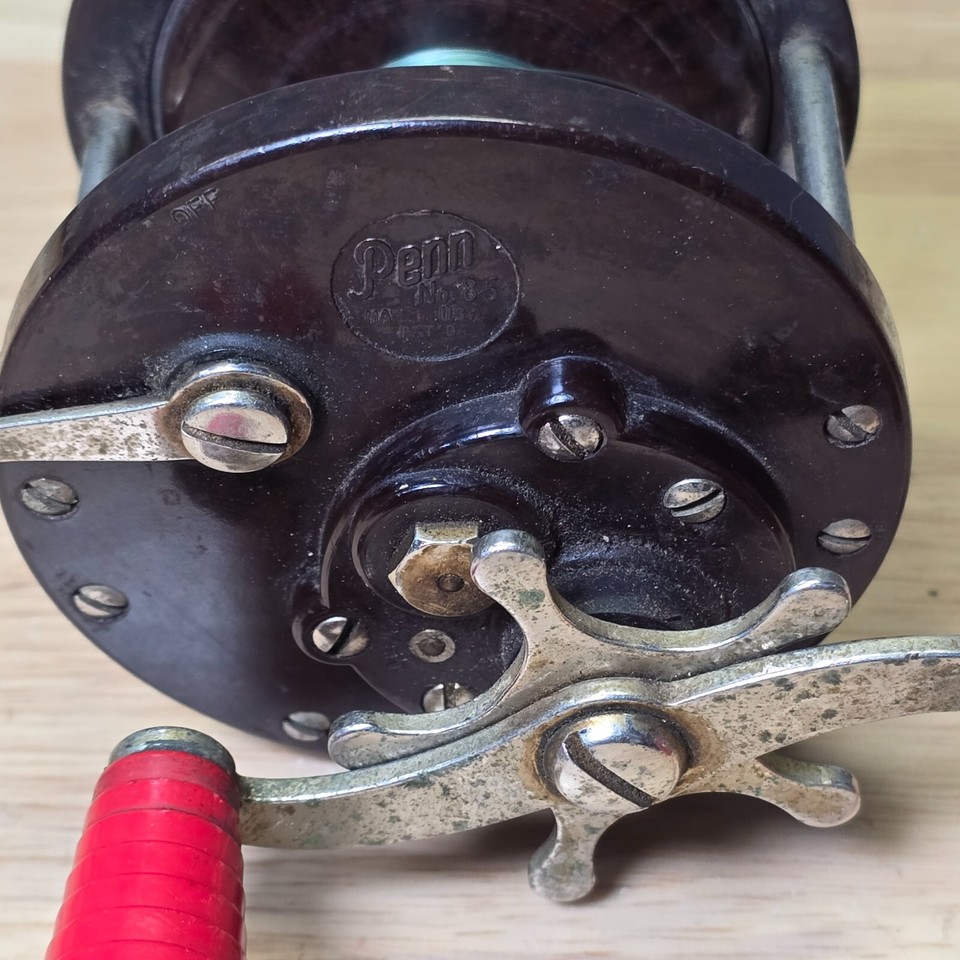 Vintage PENN No. 85 Fishing Reel 30-85 Made in USA Saltwater Red Handle ...