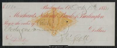BANK CHECK RN-G1 Burlington, Vermont. Merchants National Bank of ...
