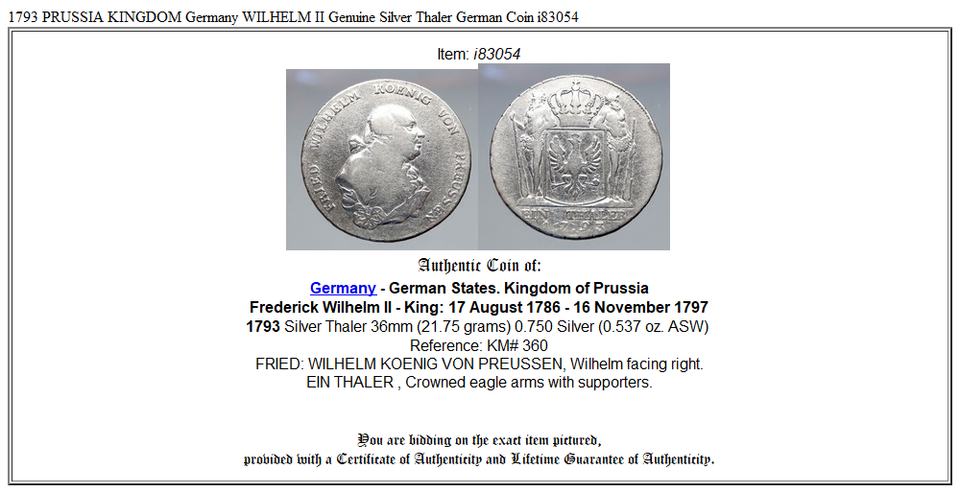 1793 PRUSSIA KINGDOM Germany WILHELM II Genuine Silver Thaler German ...
