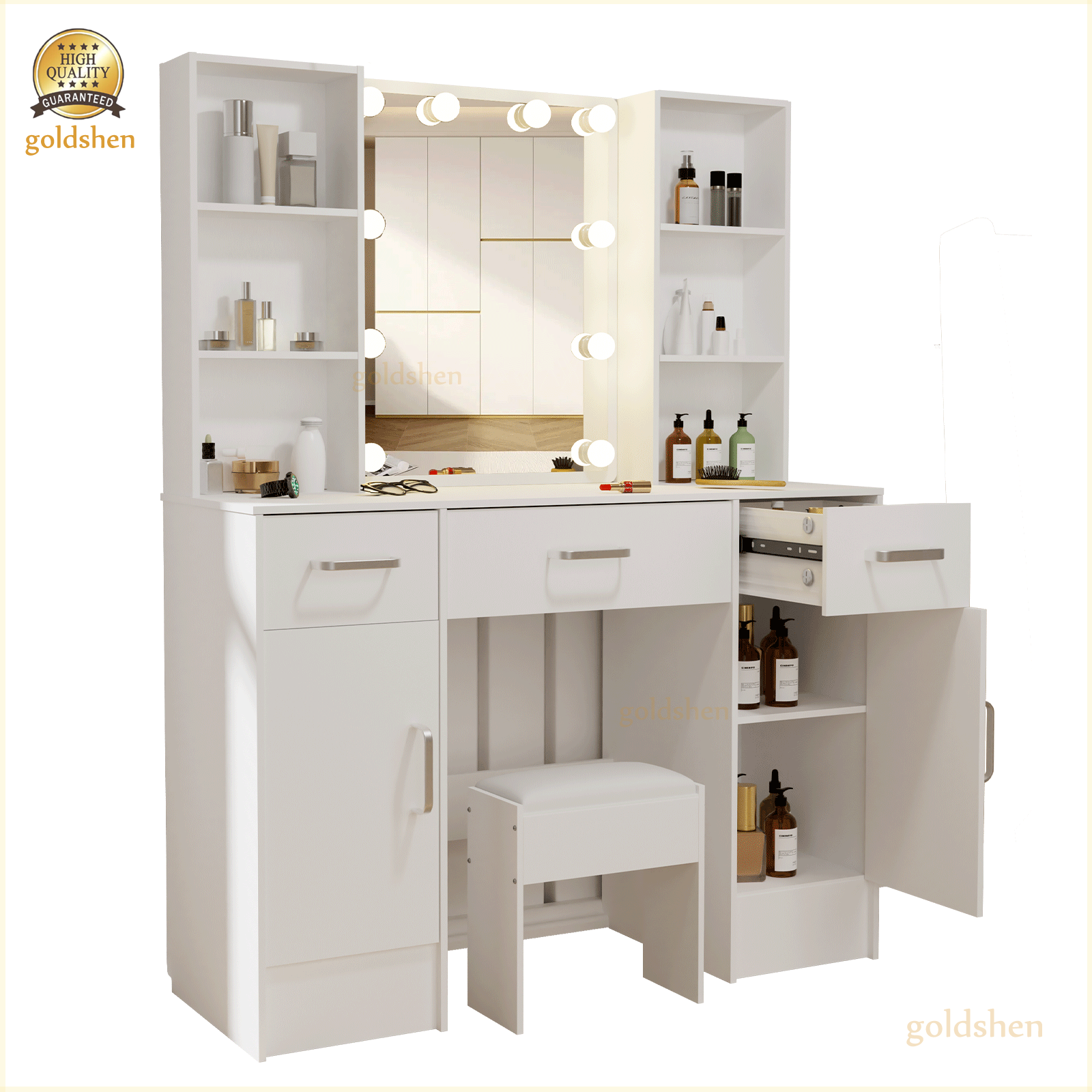 Large Makeup Table Vanity Desk Set With LED Lights Mirror & Stool ...