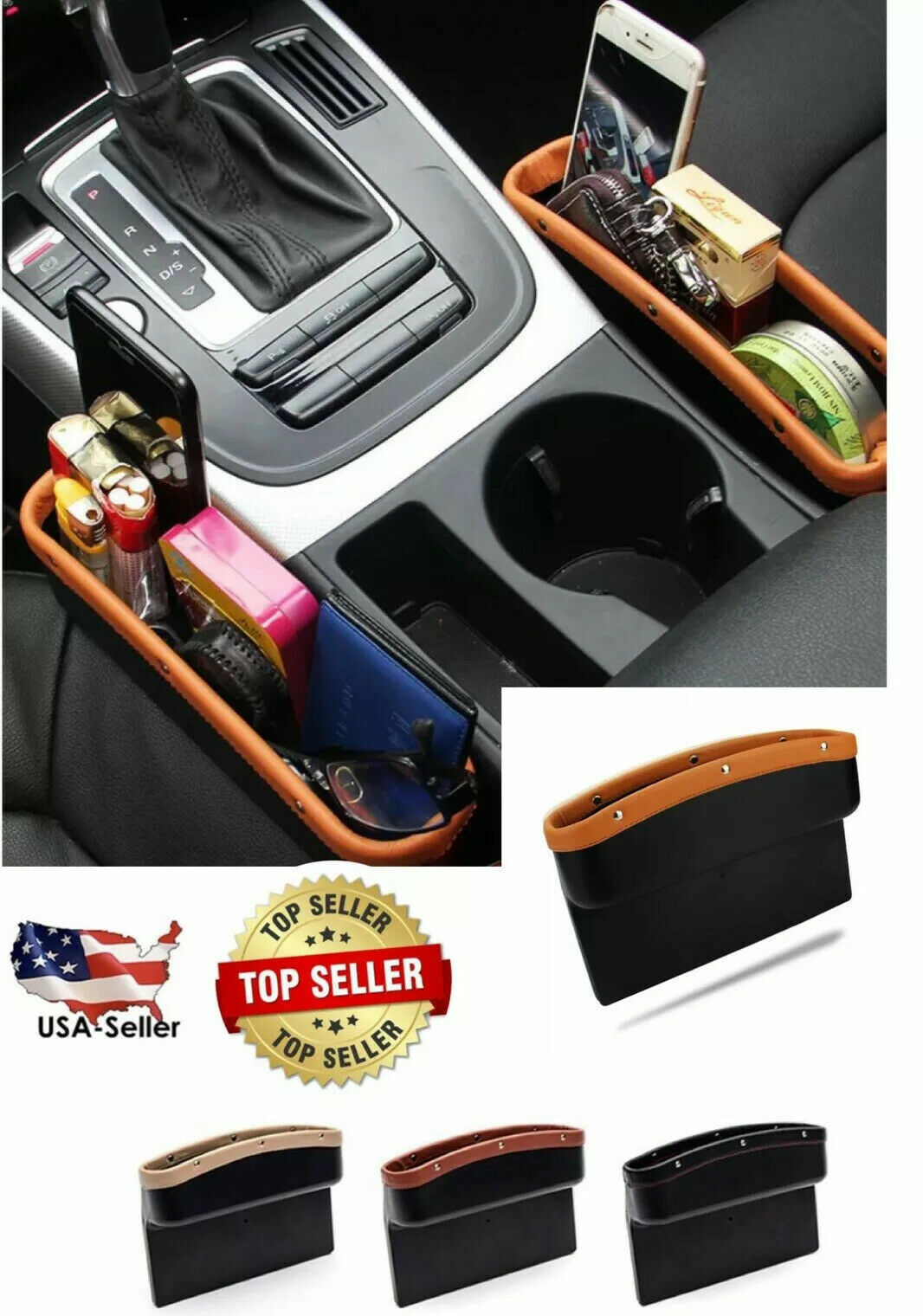 2pcs PU Catch Catcher Boxes Caddy Car Seat Gap Pocket Storage Organizer ...