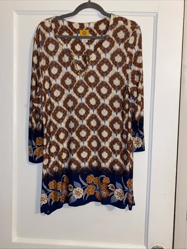 Ruby Rd Rust Blue Floral Geometric Print Keyhole Neck Large Tunic Top 3 ...