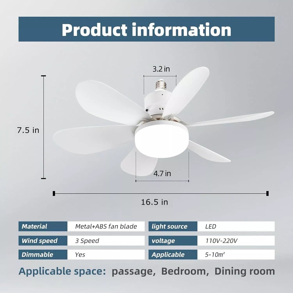 Large Ceiling Fan E27 Socket Fan 30W with Dimmable LED Light Remote ...