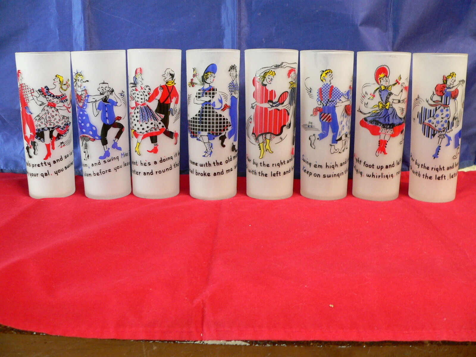 VINTAGE FROSTED DRINKING GLASSES with SQUARE DANCERS-----EIGHT (8 ...