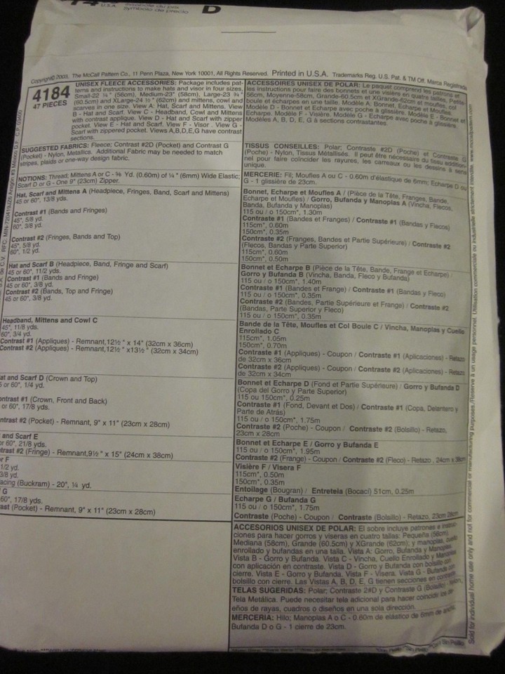 McCall'S Fashion Accessories Pattern 4184 Unisex Fleece Accessories ...