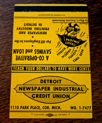 Vintage Matchbook: Detroit Newspaper Industrial Credit Union, Detroit ...