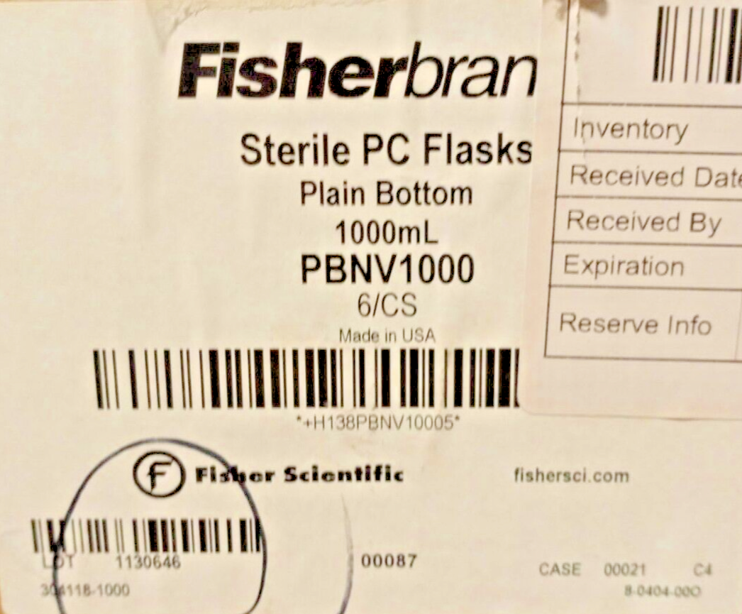 Fisherbrand PBNV1000 Sterile PC Flasks Plain Bottom 1000mL 6/Case for ...