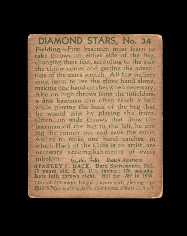 1934-36 Diamond Stars Set-Break # 34 Stan Hack LOW GRADE (filler ...