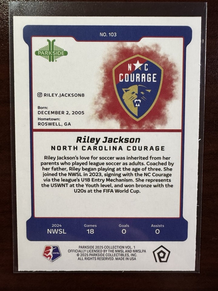2025 Parkside NWSL Vol. 1 #103 Riley Jackson - North Carolina Courage ...