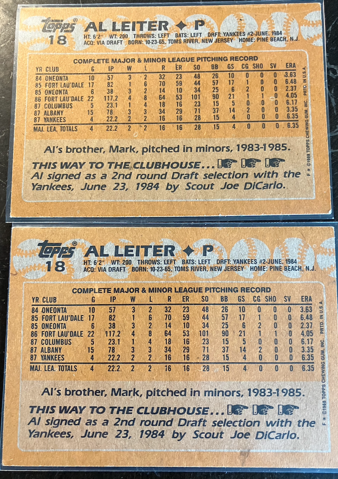 (2) 1988 Topps Al Leiter New York Yankees Rare Error / Corrected Rookie ...