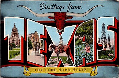 Greetings from Texas TX Large Letter Lone Star State Long Horn Cowboy ...