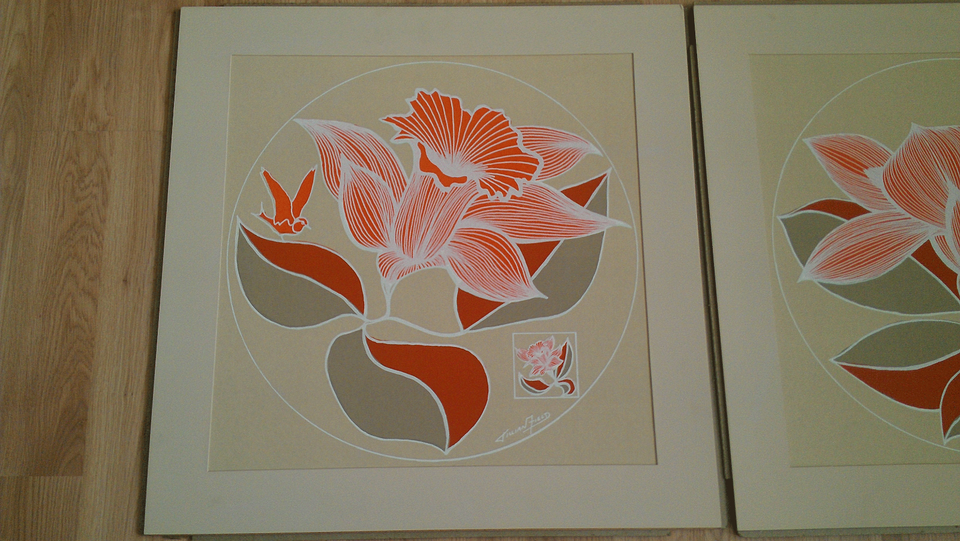 Vintage Jillian Field Orange White Flowers Birds Serigraph Art Signed ...