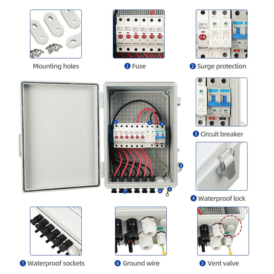 6 String Solar PV Combiner Box 63A Circuit Breaker Junction Box for ...