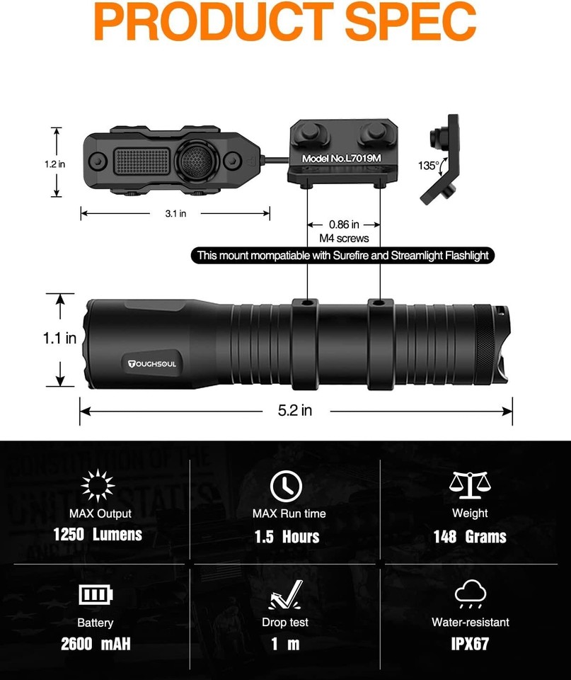 TOUGHSOUL 1250 Lumens Tactical Flashlight M-Lok Rail with Remote ...