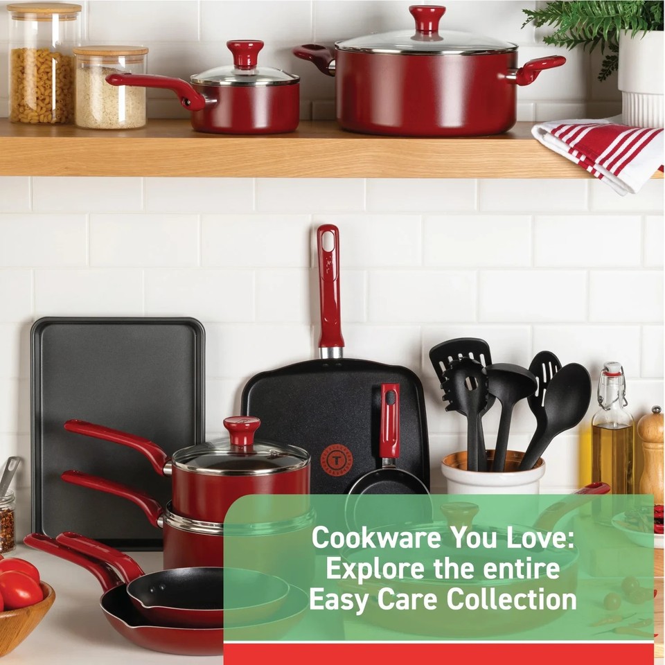 T-fal Easy Care, 20 Piece Non-Stick Pots and Pans Cookware Set, Red ...