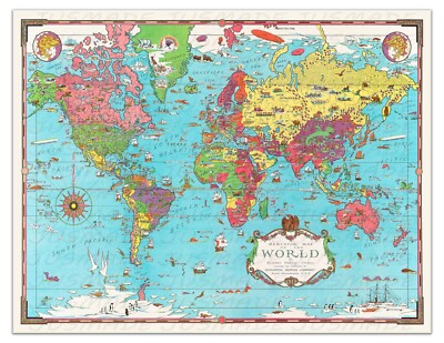 World Map Print - 1954 Mercator Wall Art - Colorful Antique Travel ...