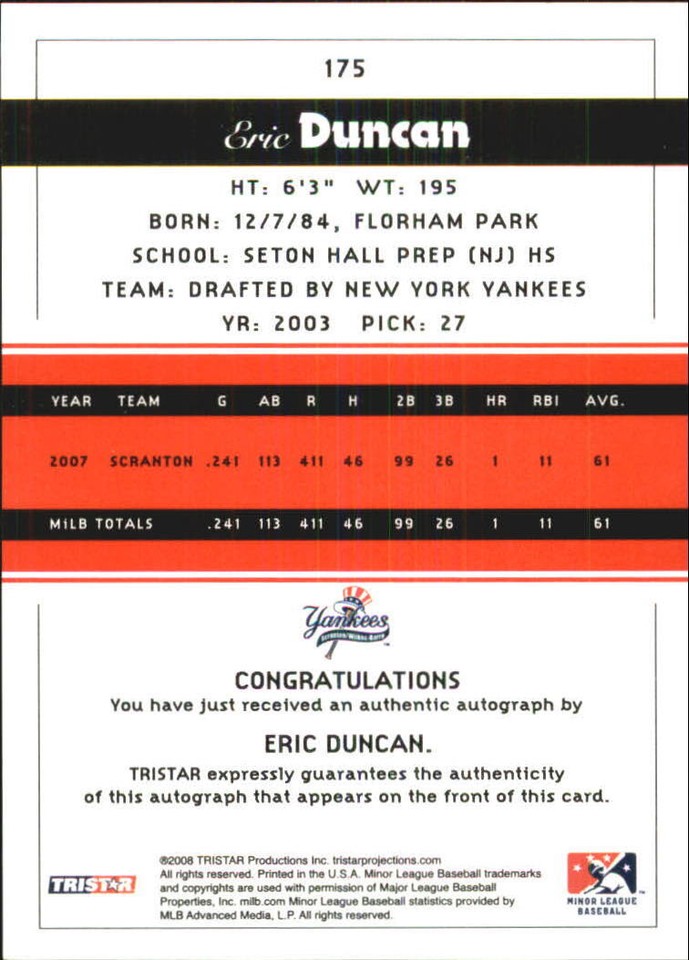 2008 TRISTAR PROjections Autographs #175 Eric Duncan Auto - NM-MT | eBay