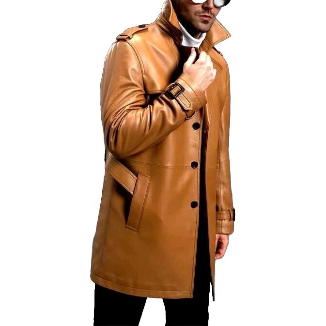 Abez Brown Men's Leather Lambskin Mid Length Belted Trench Coat Genuine ...