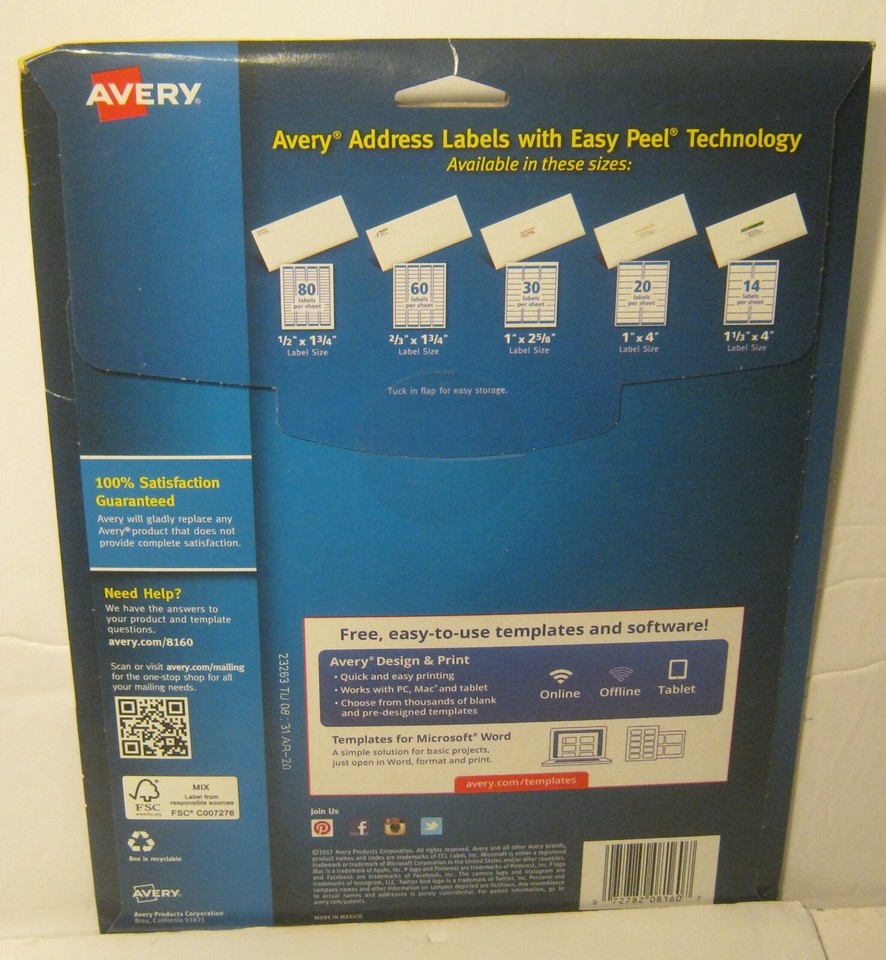 AVERY Easy Peel ADDRESS LABELS #8160 25 Sheets 750 Labels 1" X 2 5/8 ...