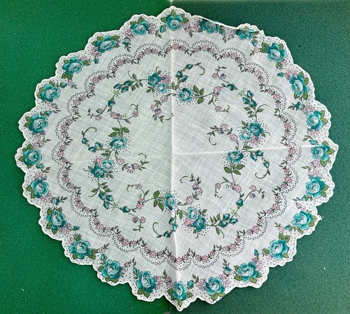 VTG. 1950's LADIES HANDKERCHIEF ROUND 13" FLORAL BLUE/PINK SPRING ...