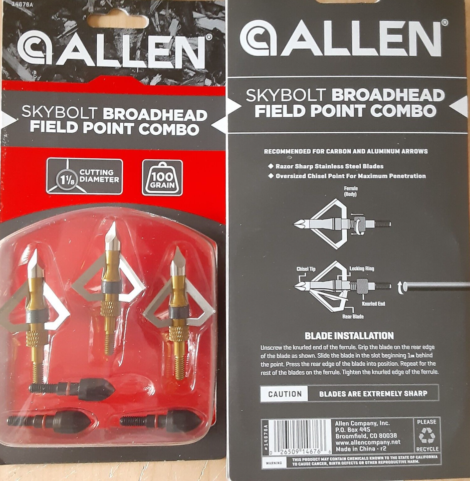 3 pack lot / 9 ALLEN SKYBOLT BROADHEAD FIELD POINT COMBO, 100 GRAIN | eBay