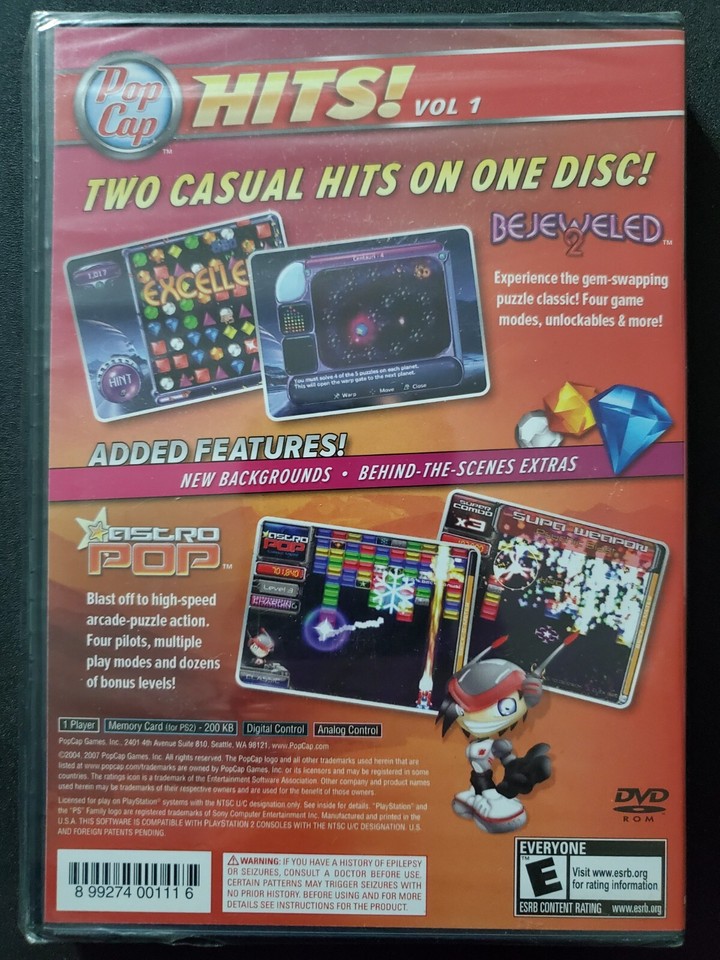 PopCap Hits Vol. 1 (PlayStation 2, PS2, 2007) Bejeweled 2 / Astro Pop ...