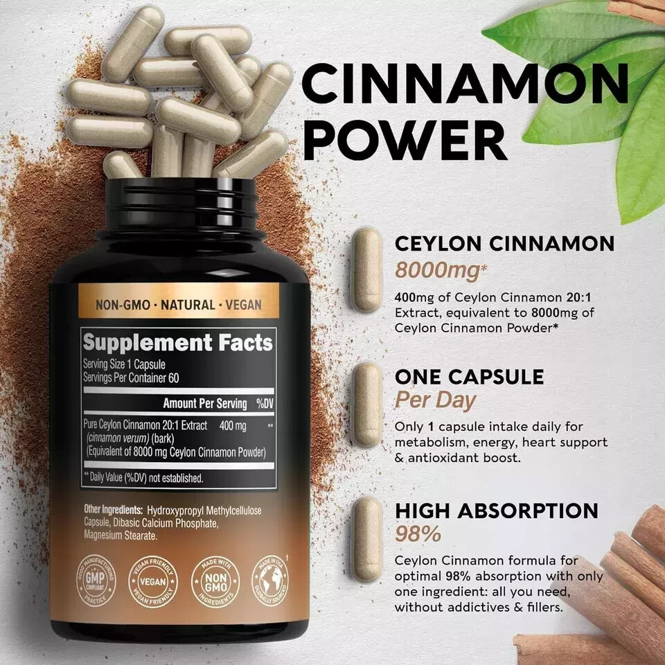 Pure Cinnamon Capsules, Certified Organic Ceylon Cinnamon Pills, Non ...