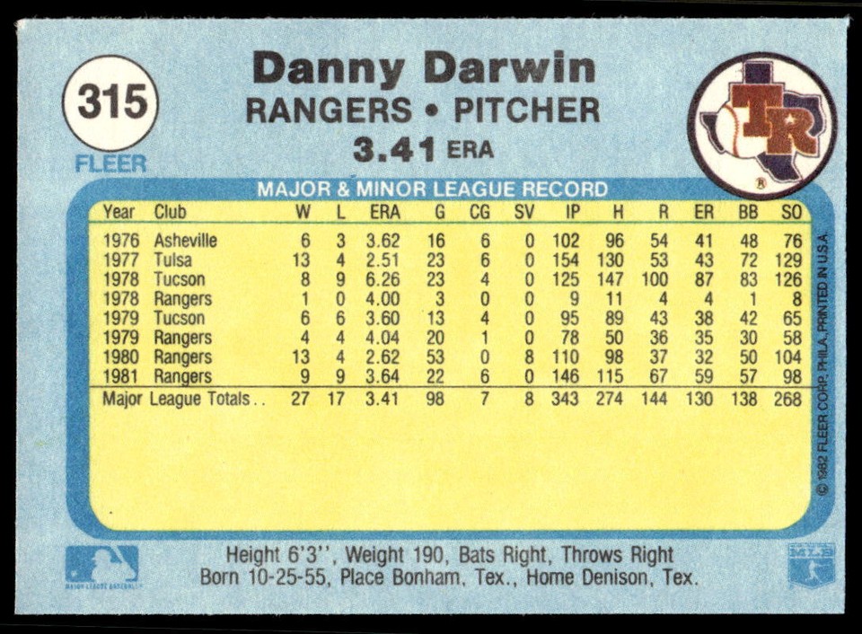 1982 Fleer 315 Danny Darwin Texas Rangers Baseball Card | eBay
