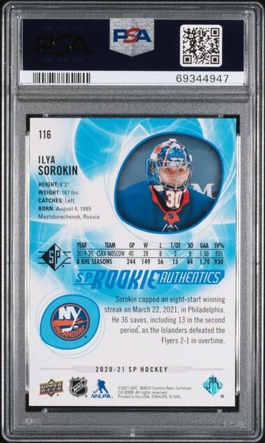 2020-21 SP Hockey Ilya Sorokin Blue SP Rookie Authentics #116 PSA 10 💎🔥 ...