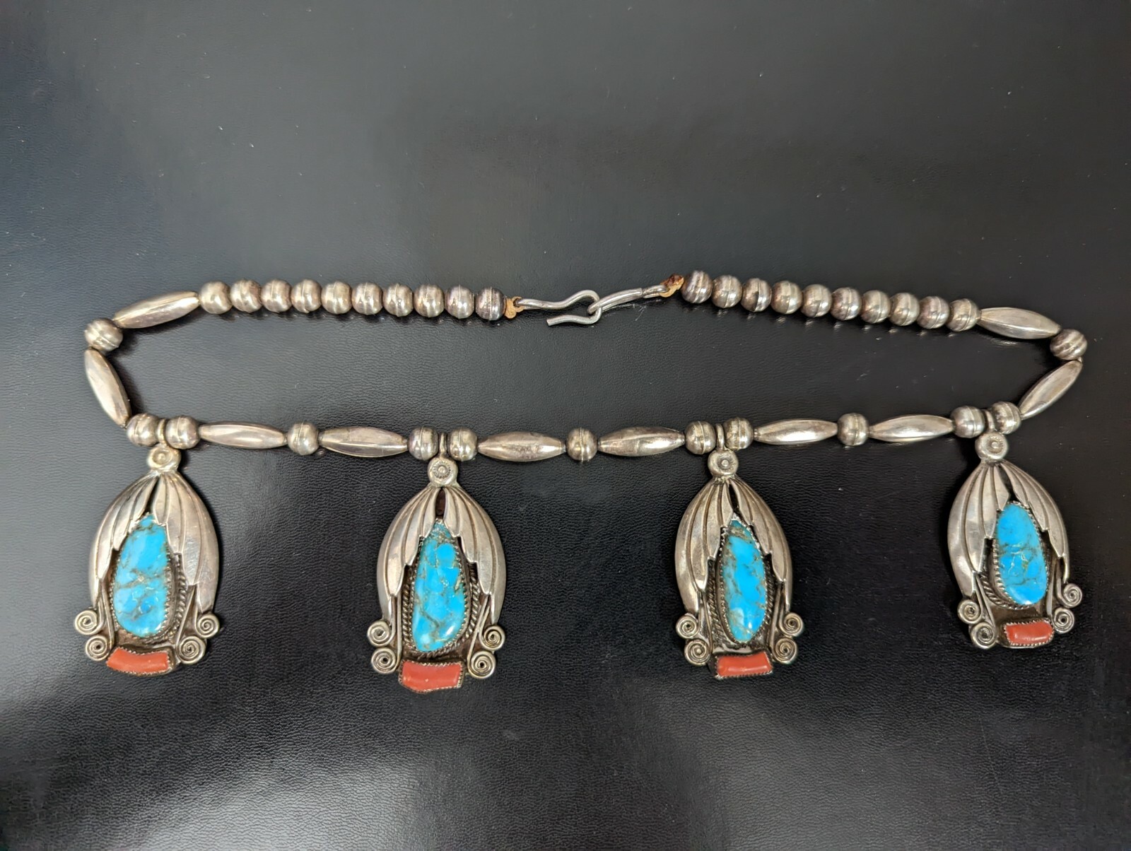 Sadie Calvin Navajo Necklace - 18" silver chain with turquoise and red ...