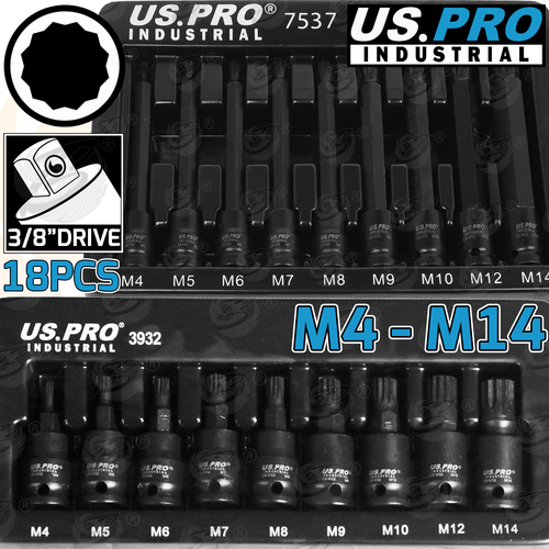 US PRO IMPACT SPLINE Bit Socket Set Short & Long Key 12 POINT Sockets ...