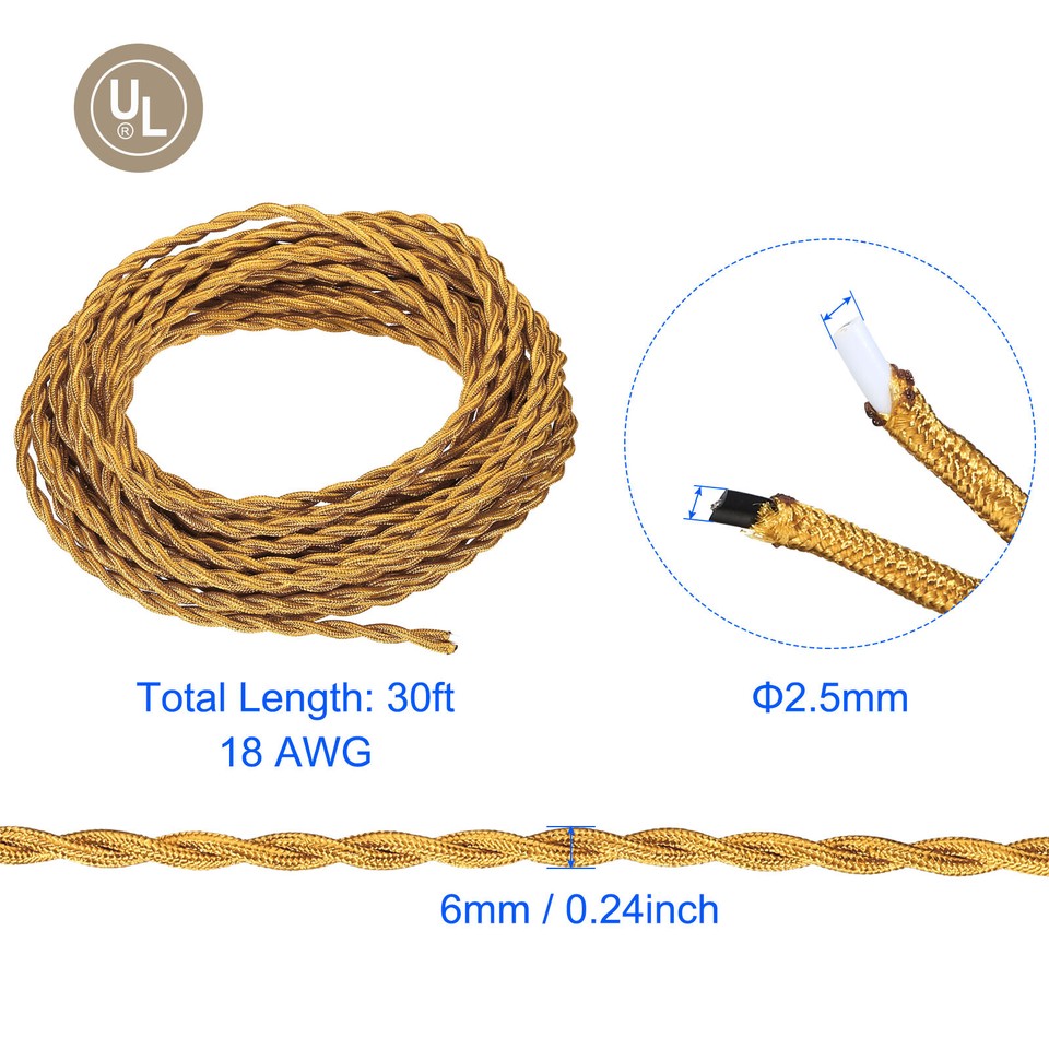 30Ft Twisted Cloth Covered Wire 18AWG 2-Conductor Vintage Lamp Cable ...