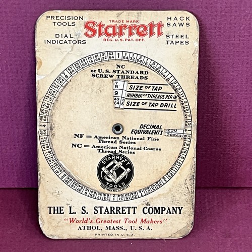 Vintage STARRETT Decimal Equivalents And Tap Drill Sizes Pocket Card ...