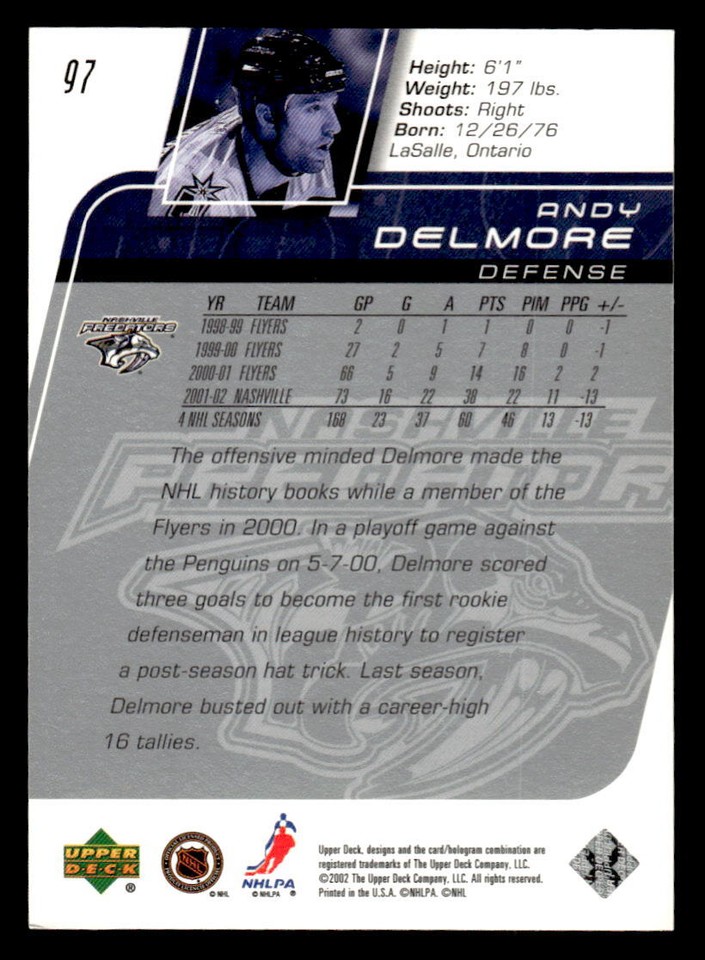 Andy Delmore 2002 Upper Deck #97 Nashville Predators | eBay