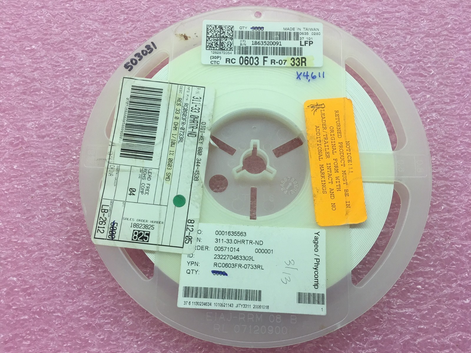 (4,611 PIECE REEL) RC0603FR-0733RL, YAGEO, RES SMD 33 OHM 1% 1/10W 0603 ...