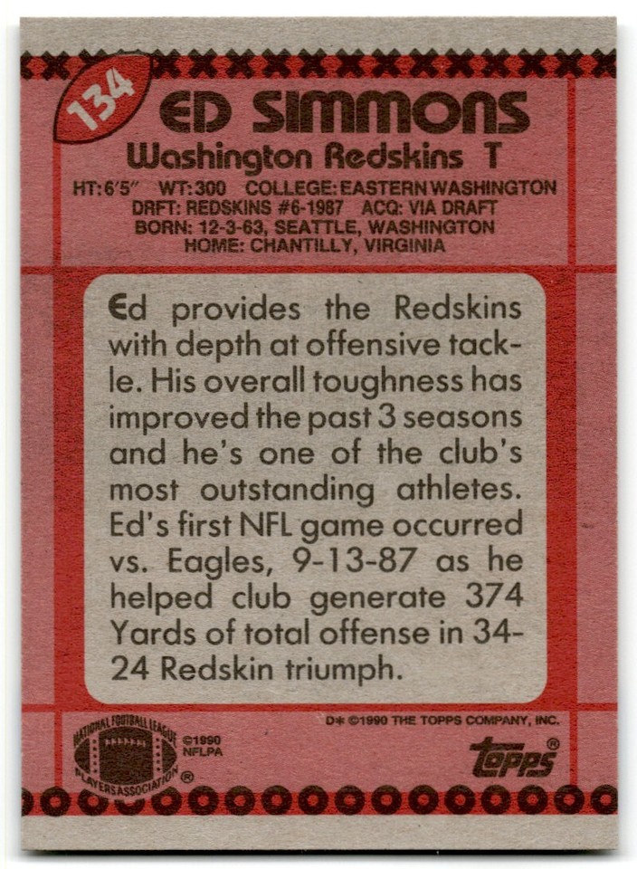 1990 Topps Ed Simmons Washington Redskins #134 | eBay