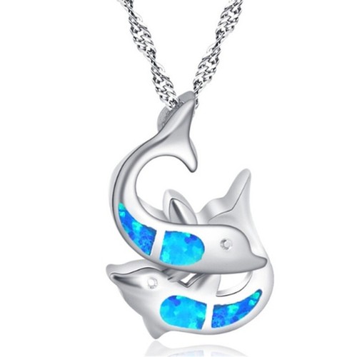Fashion Silver Simulated Opal Blue Fish Pendant Necklace Engagement ...