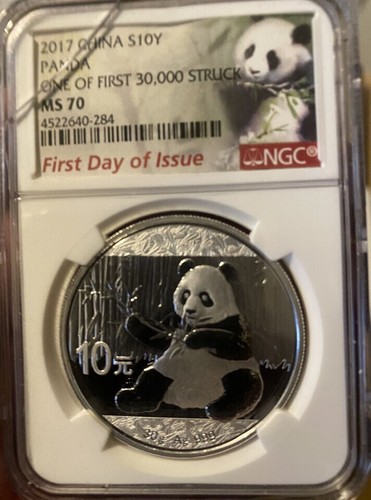 2017 CHINA S10Y PANDA SILVER COIN. MS 70. First Day of Issue. VARIES ...