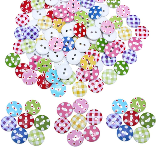 100Pcs 15Mm Mixed with Dots and Wooden Buttons 2 Holes Craft Buttons ...