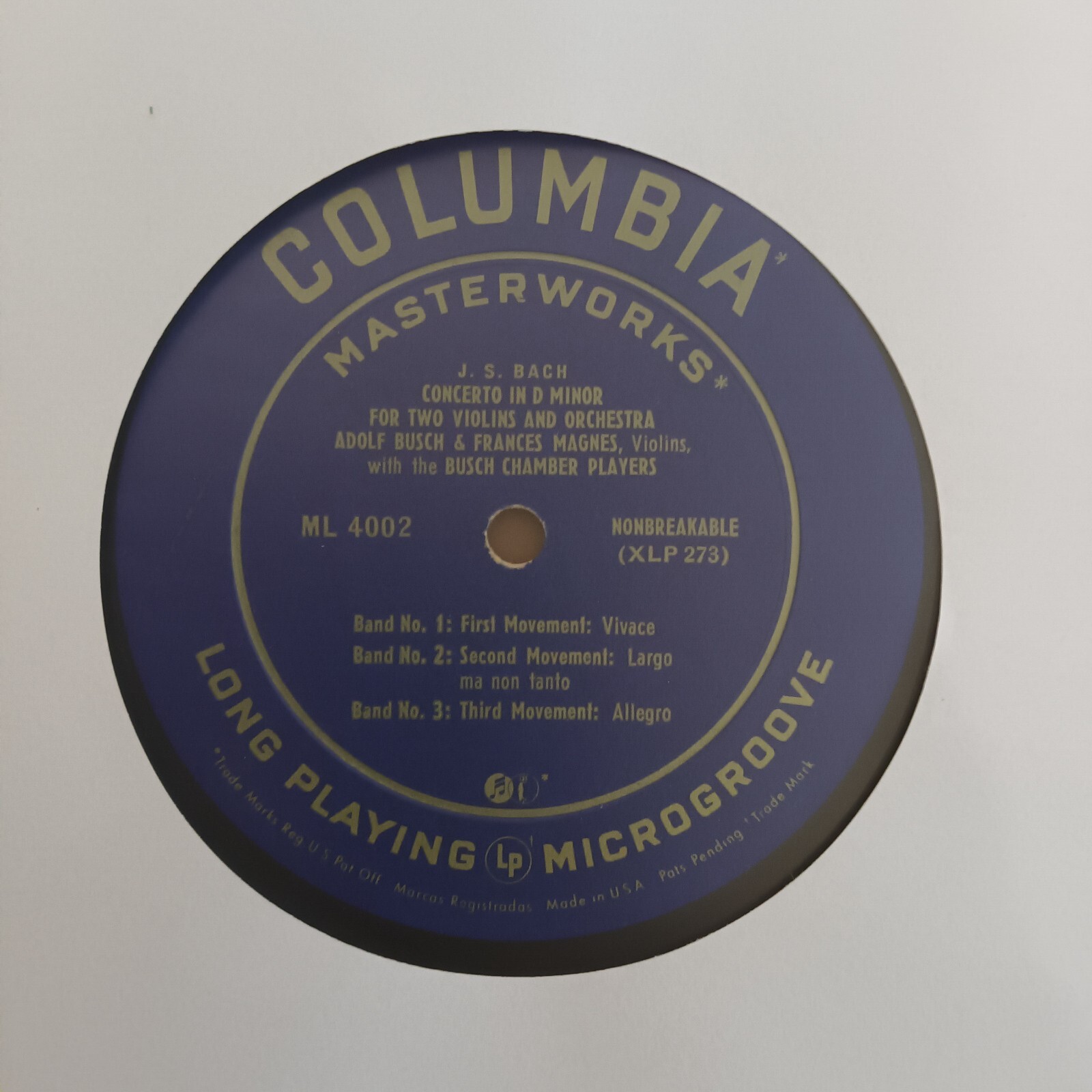 COLUMBIA ML 4002 *BLUE* BACH VLN CTO #2 CTO FOR 2 VLNS *BUSCH ...