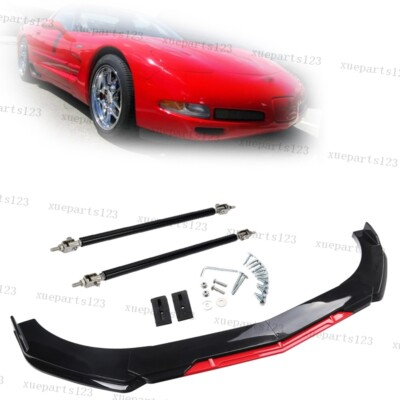 Gloss Black+Red For Corvette C5 Front Bumper Lip Splitter Spoiler Strut ...