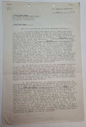 PALMY DAYS / Nadine Dore 1931 signed Artist contract document, Goldwyn ...